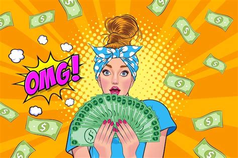 Сюрприз деловой женщины успешный и шокирующий с Falling Money Wow Omg