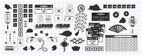 흑백 팔레트에 트렌디 한 Y2k 스타일의 중국 설날의 큰 세트 90년대 00년대의 오래된 컴퓨터 미학 레트로 Pc 요소 사용자 인터페이스 벡터 일러스트 레이 션 2025년에