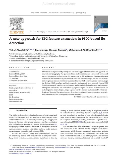 Pdf A New Approach For Eeg Feature Extraction In P300 Based Lie Detection