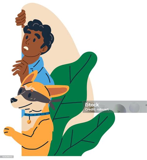 Ilustración De El Joven Y Su Perro Espían Observando Escabulléndose