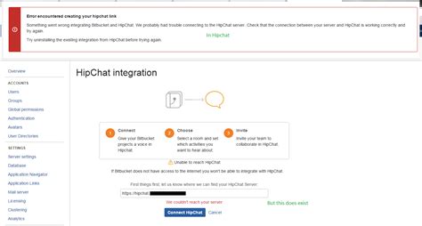 Error Encountered Creating Link Between Bitbucket Server And Hipchat