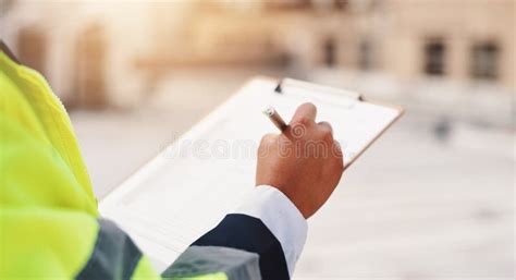 Hands Engineer And Clipboard In City For Checklist Inspection Notes
