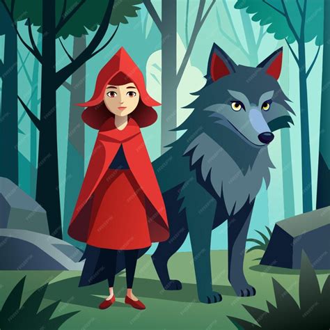 Little Red Riding Hood And The Gray Wolf Vector Illustration Flat 2