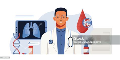 의사와의 상담 전신 건강 검진 폐 검사 개념 인간의 폐학 웹 사이트 응용 프로그램 배너에 대한 일러스트레이션 섬유증 결핵 폐렴 암 진단 스캔 건강관리와 의술에 대한 스톡