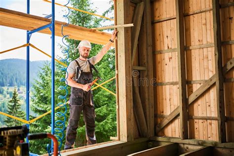 Carpenter Constructing Wooden Frame House Stock Photo Image Of