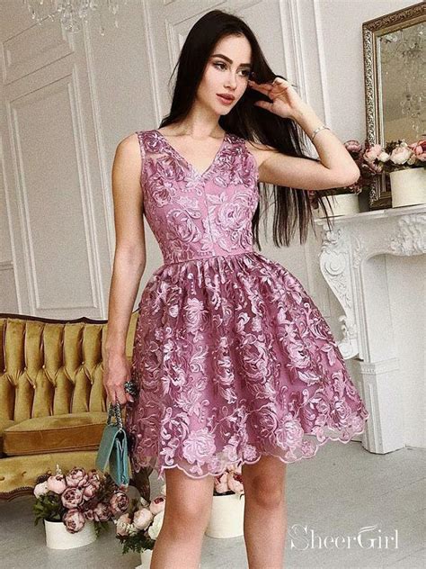 Vintage Flower Lace Homecoming Dresses V Neck Retro Short Prom Dress