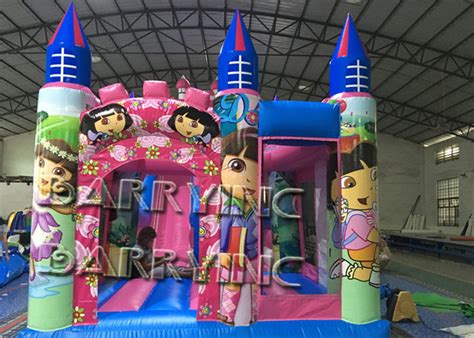 Pink Dora Cartoon Commercial Inflatable Slide With Bouncy Castle