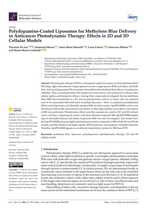 Pdf Polydopamine Coated Liposomes For Methylene Blue Delivery In