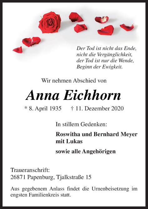 Traueranzeigen Von Anna Eichhorn Noz Trauerportal
