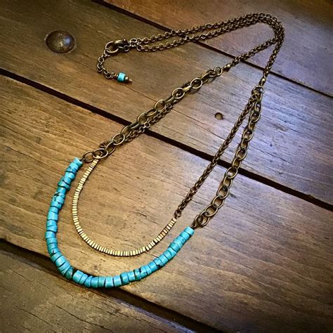 Turquoise And Brass Heishi Beads Necklace Etsy Silver Spoon Jewelry