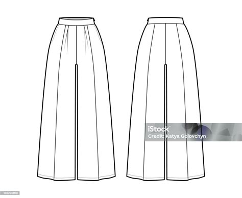 낮은 정상 허리 하이 라이즈 싱글 플리트 크롭 길이 솔기 포켓이 있는 팬츠 가우초 테크니컬 패션 일러스트 0명에 대한 스톡 벡터