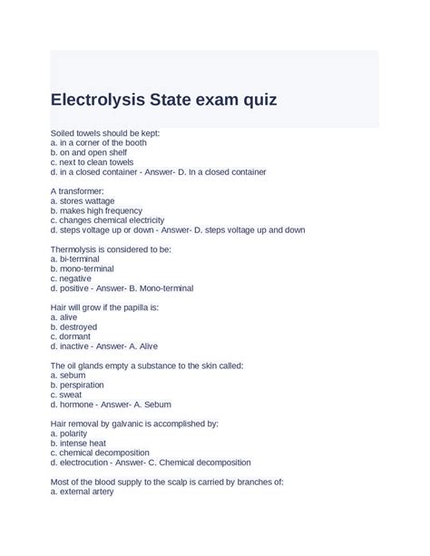 Electrolysis State Exam Quiz Solved Exams Nursing Docsity