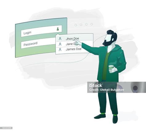 로그인 프로세스 그림입니다 커피 한 잔을 들고 있는 수염이 있는 남자가 로그인을 선택하여 사이트에 들어갑니다 경영자에 대한 스톡