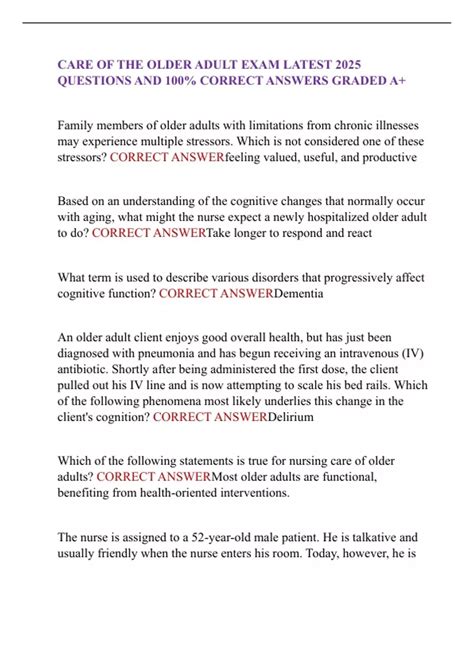 Care Of The Older Adult Exam Latest 2025 Questions And 100 Correct