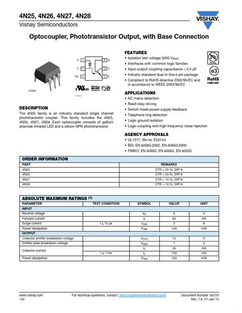 4n26 Datasheet Pdf Optocoupler Vishay