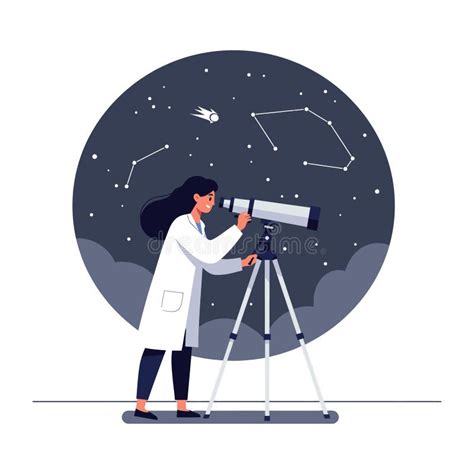 Female Astronomer Using Telescope To Observe Stars And Constellations At Night Vector