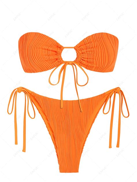 Zaful Textured Cinched Bandeau Tie Side Bikini Swimwear In Orange