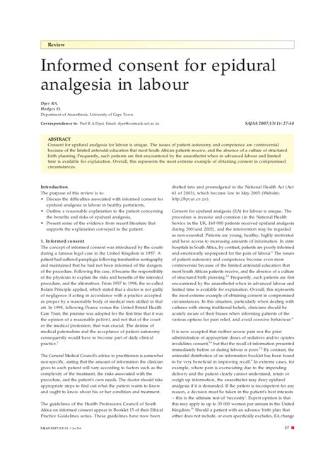 Pdf Informed Consent For Epidural Analgesia In Labour