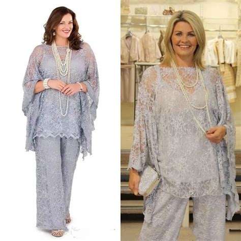 Silver Full Lace Mother Of The Bride Pants Suit With Flare Long Sleeves Elegant Plus Size