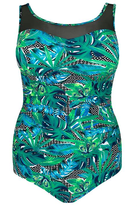 Green And Multi Jungle Print Swimsuit With Mesh Insert Plus Size 16 To 36