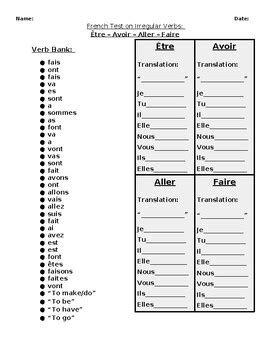 French Test Être Avoir Aller Faire with Word Bank TPT