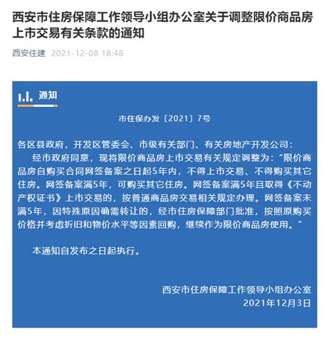 西安发文明确限价房网签满5年可按普通商品房交易西安限价商品房5年内不得上市交易住房通知