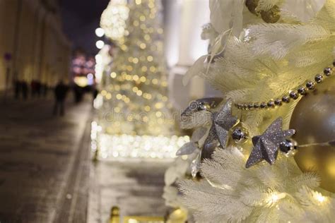 Lights Of Streets Decorated For Christmas In City Stock Image Image