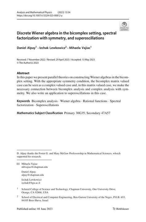 PDF Discrete Wiener Algebra In The Bicomplex Setting Spectral Factorization With Symmetry