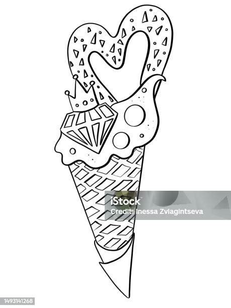 등고선 그림 스케치 음식 아이스크림 와플 콘 심장 디자인 요소 색칠하기 책 표지 인쇄 스티커 및 미디어 0명에 대한 스톡 벡터