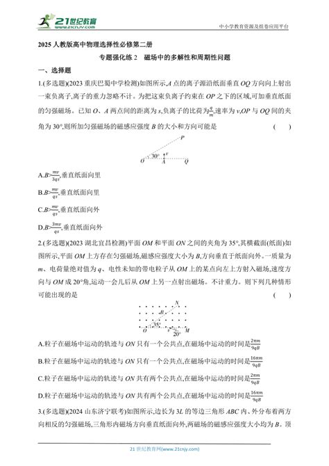 2025人教版高中物理选择性必修第二册强化练习题（有解析） 专题强化练2 磁场中的多解性和周期性问题 21世纪教育网