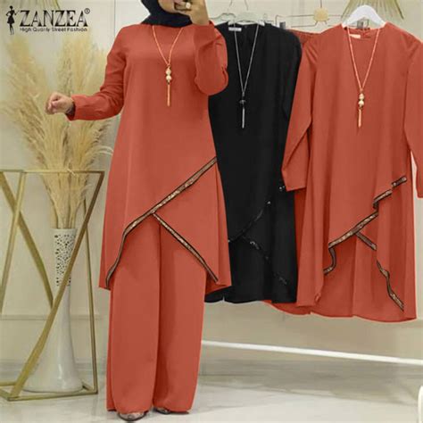 ZANZEA Muslimah Women Muslim Sets Elastic Waist Plain Trousers Round Collar Long Sleeve Tops