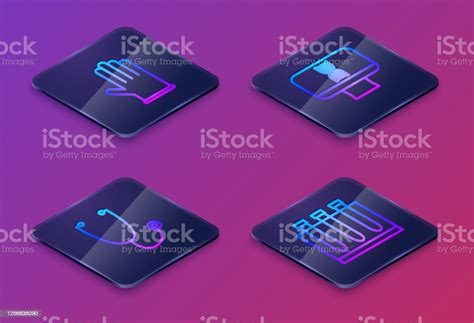 설정 등도 라인 의료 고무 장갑 청진기 Dna 나선형 및 컴퓨터 및 혈액 검사 바이러스 파란색 정사각형 버튼 벡터 3차원 형태에 대한 스톡 벡터 아트 및 기타 이미지