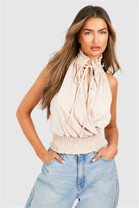 Ruched Detail Halter Top Boohoo Uk