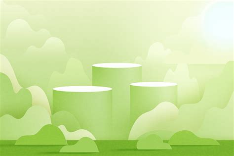 3d 용지 절단 추상 최소 기하학적 모양 템플릿 배경 산과 구름이 있는 녹색 자연 경관 의 녹색 실린더 연단 0명에 대한 스톡