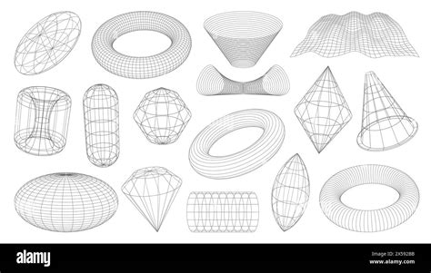3d wireframe shapes brutal and tech grids in retro perspective mesh