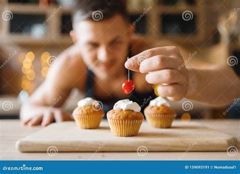 Naked Man In Apron Cooking Dessert On The Kitchen Stock Image Image