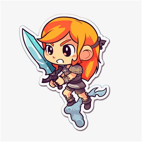 拿着剑的女孩的卡通贴纸 向量素材图片免费下载 千库网