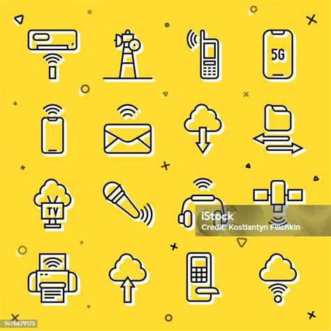 회선 네트워크 클라우드 연결 위성 파일 전송 Wifi 무선으로 모바일 메일 및 이메일 에어컨 및 클라우드 다운로드 아이콘을 설정합니다 벡터 0명에 대한 스톡 벡터 아트 및