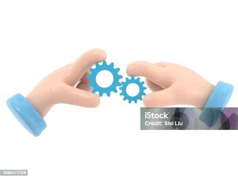 만화 제스처 아이콘 Mockuphand는 톱니바퀴를 잡고 흰색 배경에 렌더링하는 두 손의 3d 그림을 그렸습니다3d 3차원 형태에 대한 스톡 사진 및 기타 이미지 Istock