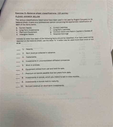 solved exercise 5 balance sheet classifications 15 points