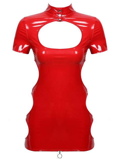 Womens Wetlook Patent Leather Mini Bodycon Dress Sexy Mock Neck Party