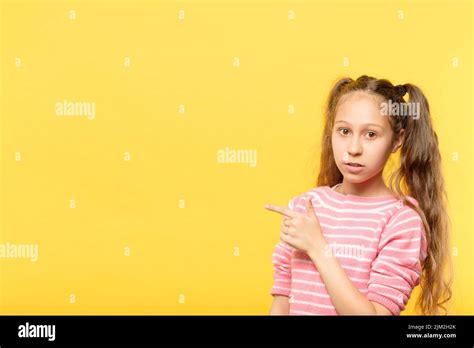 Look Left Serious Girl Point Index Finger Empty Stock Photo Alamy