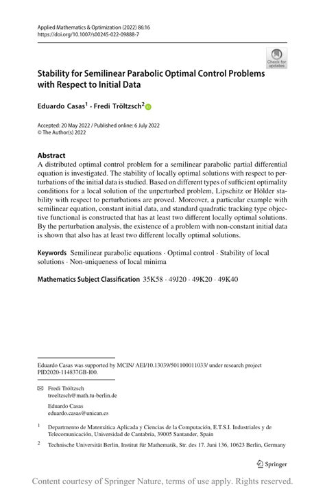 Pdf Stability For Semilinear Parabolic Optimal Control Problems With