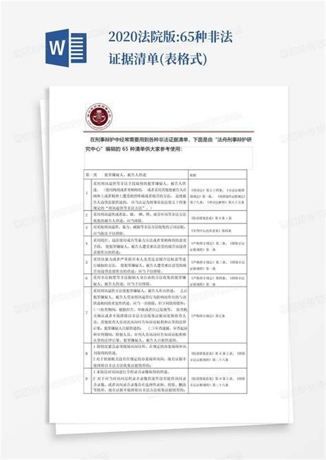 2020法院版65种非法证据清单表格式word模板下载编号qjznpmvj熊猫办公