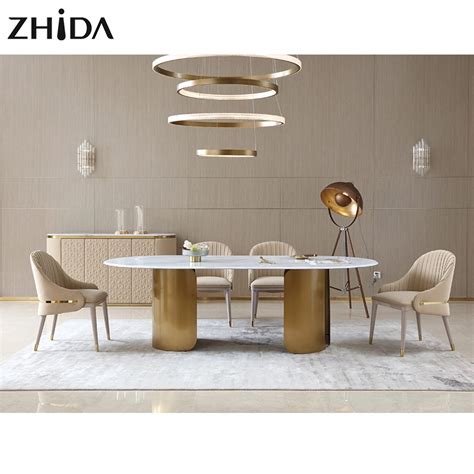 Luxury Golden Stainless Steel Frame Marble Top Dining Table For Hotel