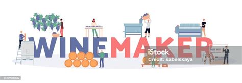 와인이있는 배럴 근처의 사람들이있는 와인 메이커 헤더 평평한 벡터가 격리되어 있습니다 포도주 양조에 대한 스톡 벡터 아트 및 기타 이미지 포도주 양조 덩굴 수확