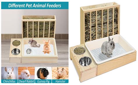 【3 In 1 Wooden Rabbit Litter Box】 Hay Feeder Food Bowls For Rabbits