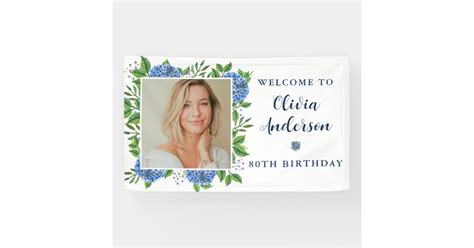 Elegant Hydrangea Custom Photo 80th Birthday Party Banner Zazzle
