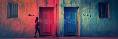 Two Doors One Labeled Risk And The Other Safety With A Person