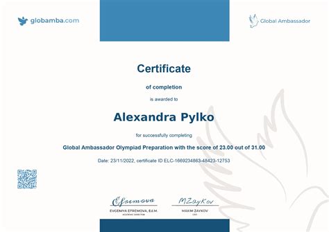 Alexandra Pylko Global Ambassador Olympiad Preparation Course Completion General Certificate